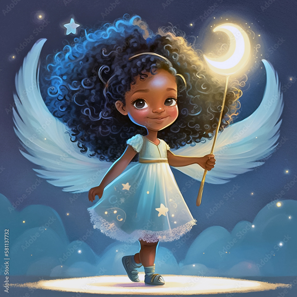 Beautiful little African American girl in angel costume with wings on ...