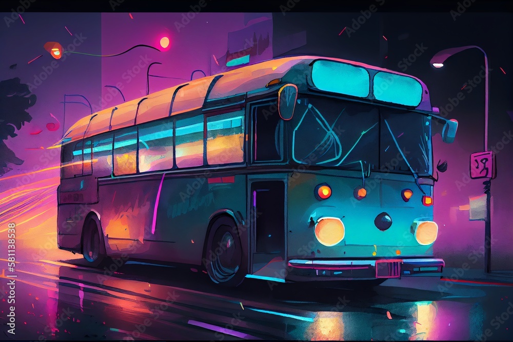 Watercolor Illustration of a A Futuristic AnimeStyle Bus With Colorful ...