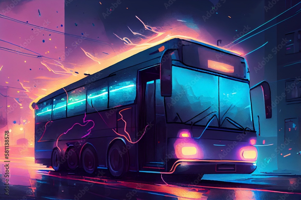 Watercolor Illustration of a A Futuristic AnimeStyle Bus With Colorful ...