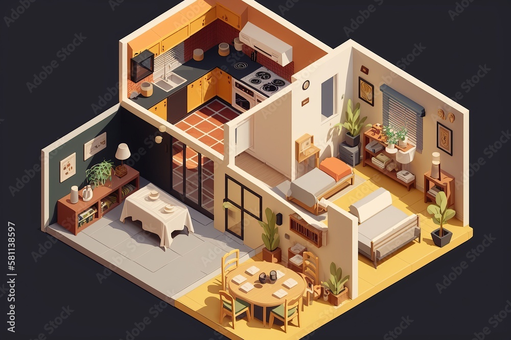3D Isometric interior home plan room cute set design isolate on white ...
