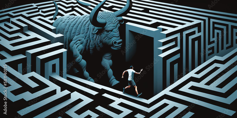 Powerful minotaur charges through labyrinth, hero tries to escape. --ar ...