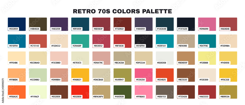 Retro color guide palette in trendy 70s style. Color palette with code ...