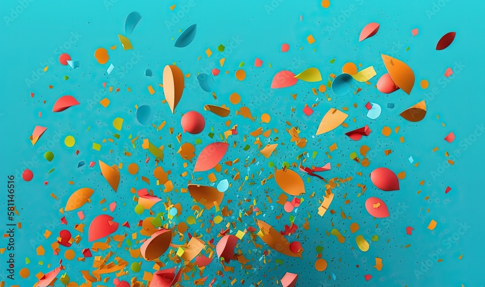a group of colorful confetti on a blue background with confetti falling ...