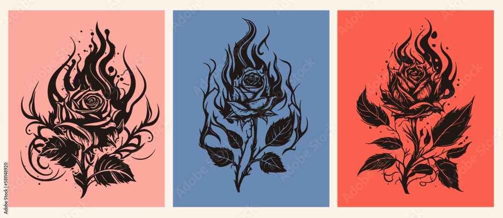 The rose is hand-painted on an isolated background. Three times in the ...