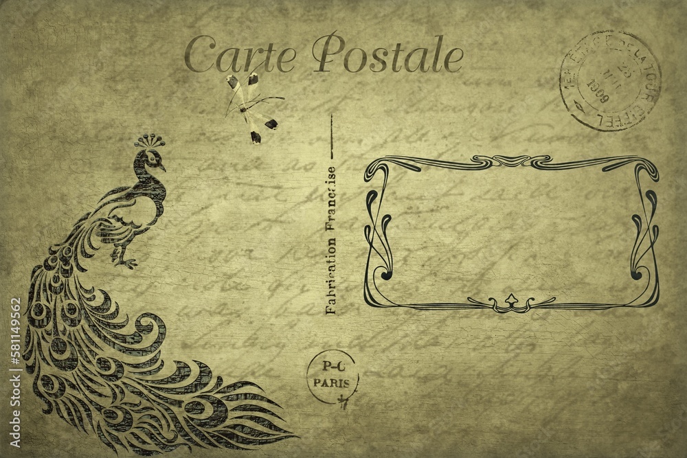 Vintage postcard background and postal card lettering with peacock and ...