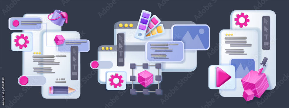 Vetor de 3D UX design set, vector UI web icon program interface concept ...