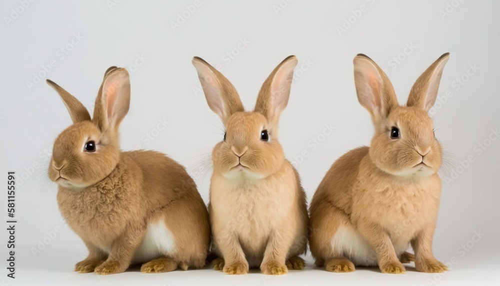 three rabbits sitting next to each other in front of a white background ...