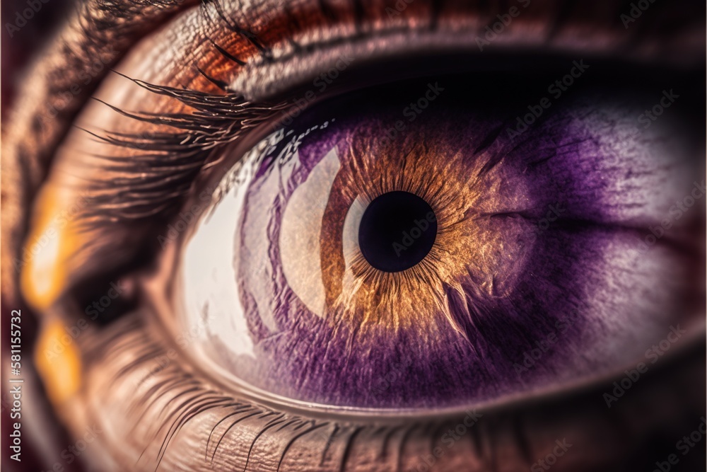 a close up of a purple eye with a yellow stripe on the iris of the eye ...