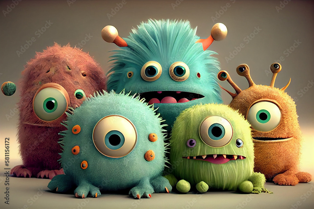 grupo de monstruos infantiles de diferentes colores en 3D ilustração do ...