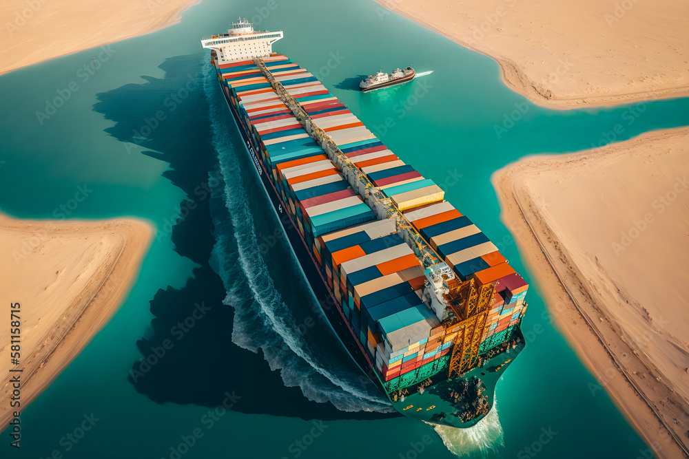 Accident crash Container cargo ship in transportation canal, aerial top ...