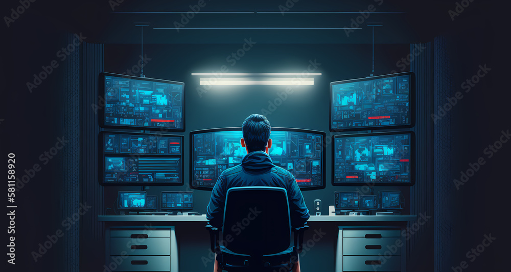 Security guard monitoring Computer Screen CCTV cameras indoors ...