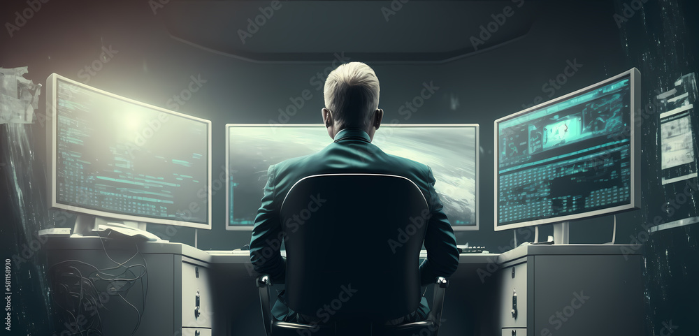 Security guard monitoring Computer Screen CCTV cameras indoors ...