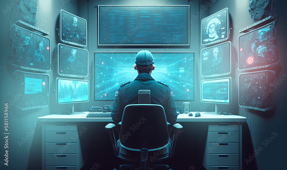 Security guard monitoring Computer Screen CCTV cameras indoors ...