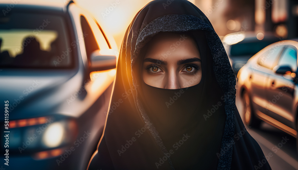 Arabic Muslim women driving car. Islam female is driver, sunset light ...