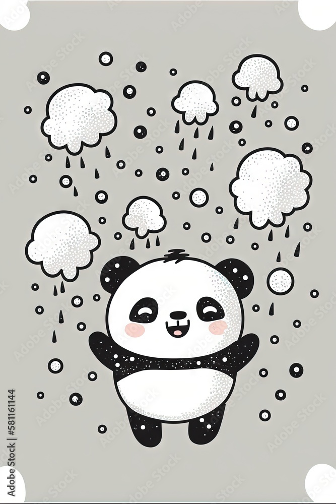 a drawing of a panda bear in the rain with clouds above it and rain ...