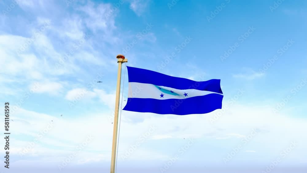 Flag of Honduras waving in the wind, sky and sun background. Honduran ...