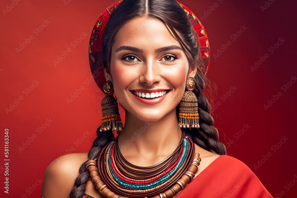 Beautiful Smiling Aztec Mexican woman in traditional clothes. Posing on ...