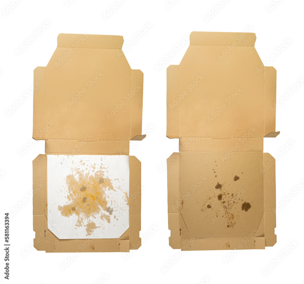 Greasy Pizza Box Isolated, Open Delivery Cardboard with Crumbs, Used ...