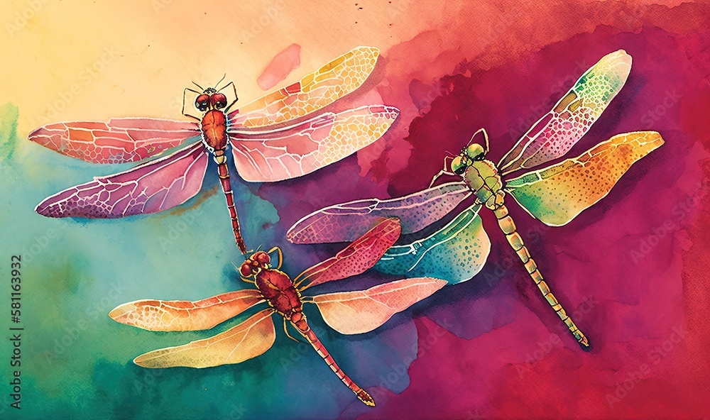 three dragonflies are sitting on a colorful background with watercolors ...