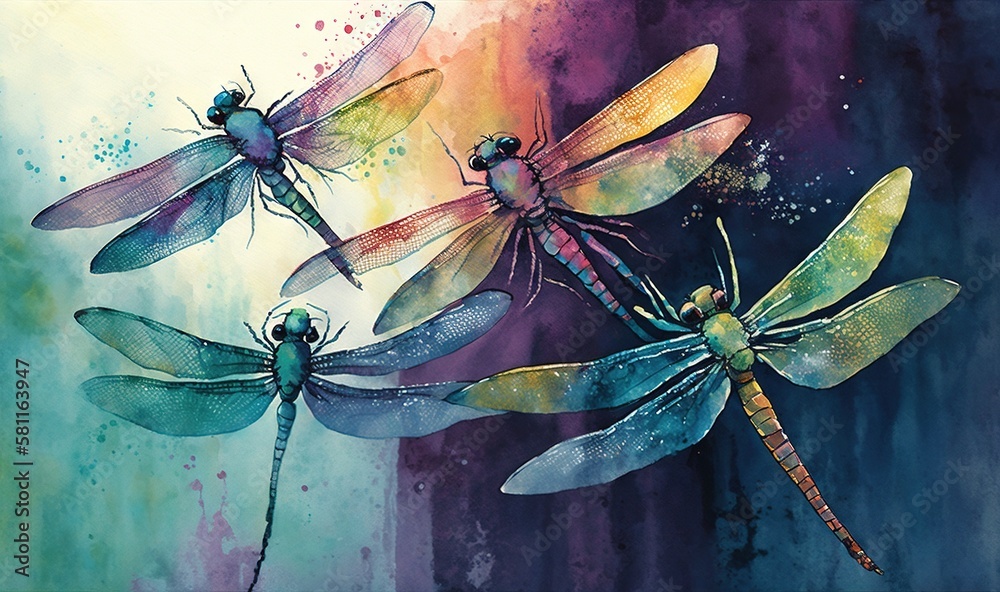 a painting of three dragonflies flying in the sky with a splash of ...