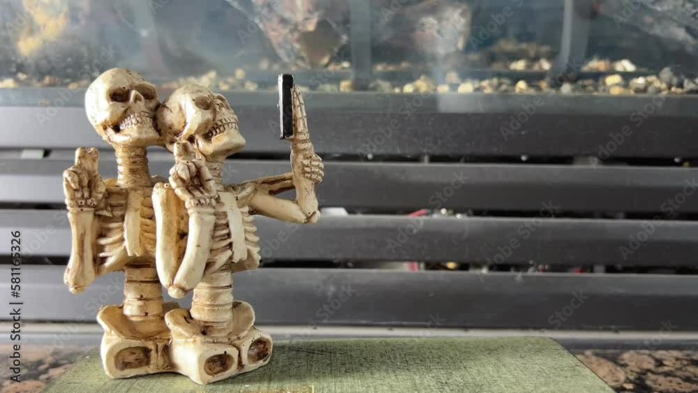 Skeletons without legs take a selfie look at a mobile phone they smile ...