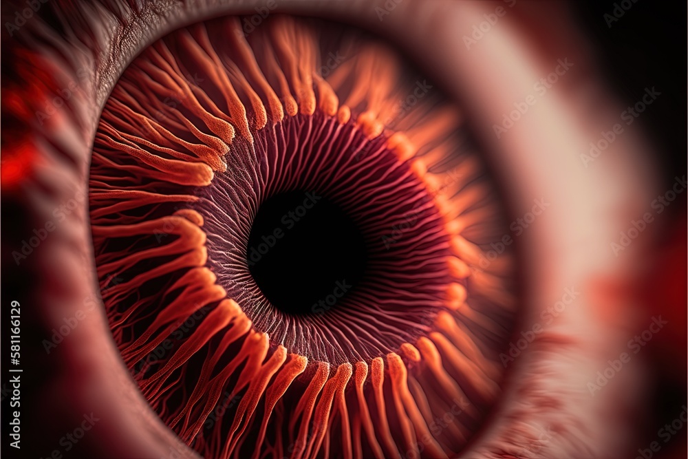 a close up of a human eye with a red iris in the center of the iris and ...
