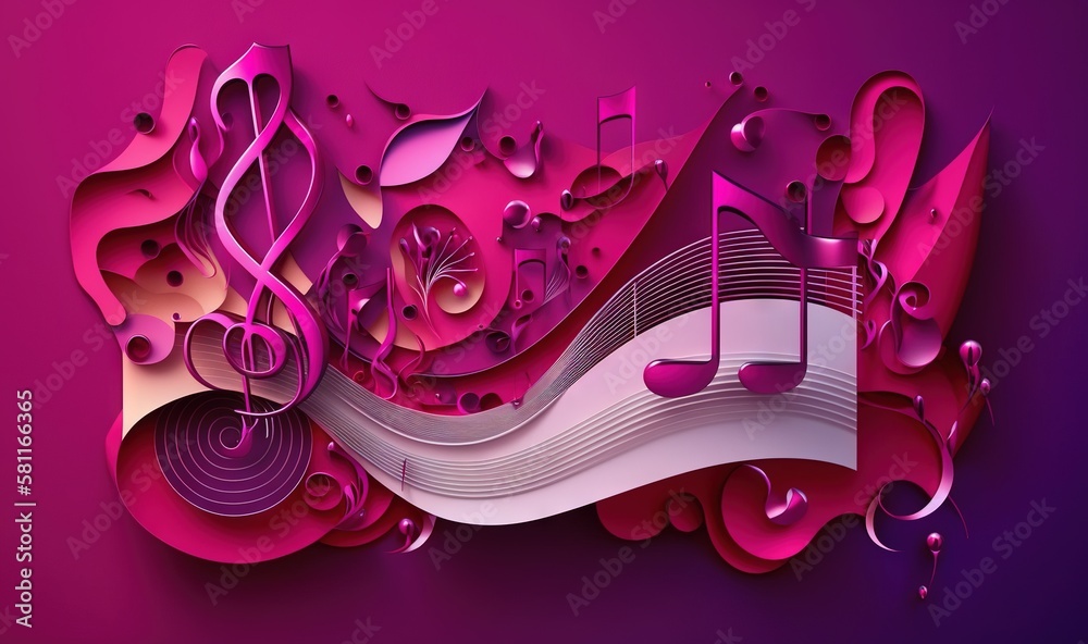 a music note with music notes on it and a purple background with pink ...
