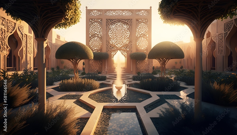 Ornate and peaceful Islamic Persian garden viewed at Golden Hour ...