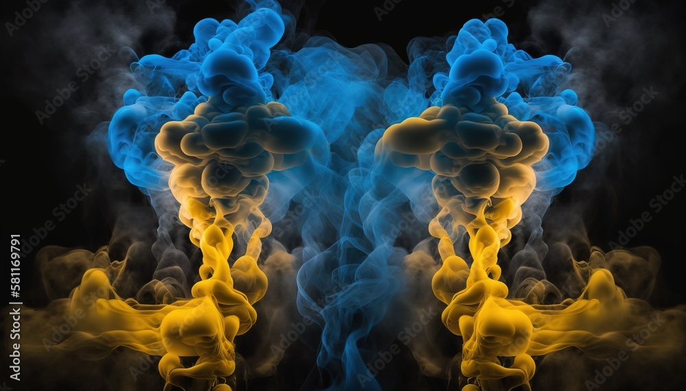 a blue and yellow smoke is shown in this image with a black background ...