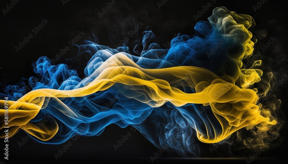 ภาพประกอบสต็อก a blue and yellow smoke is in the air on a black ...