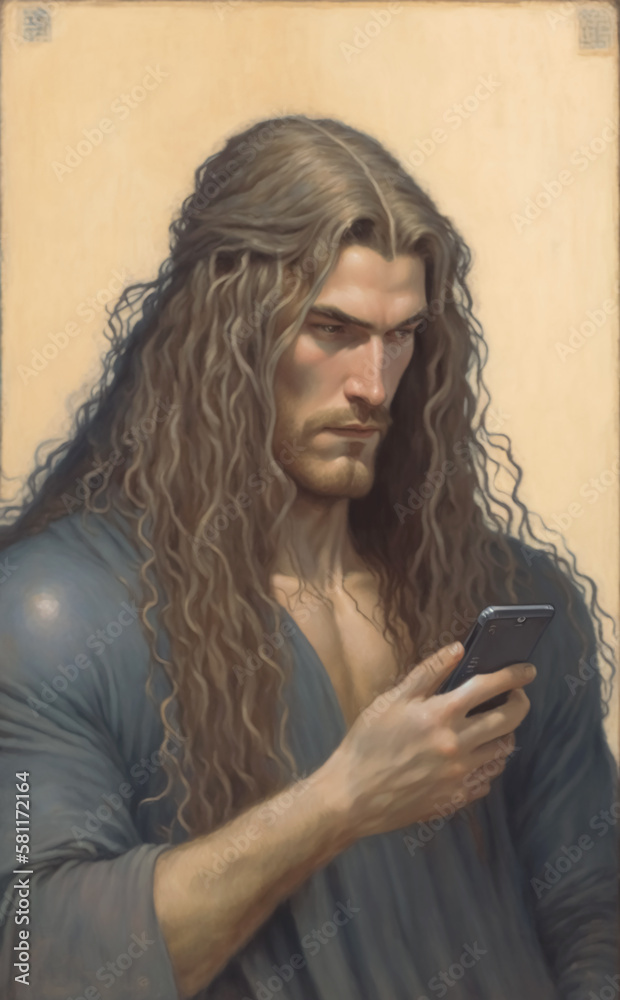 Symbolist painting of a serious man distracted by his phone ...