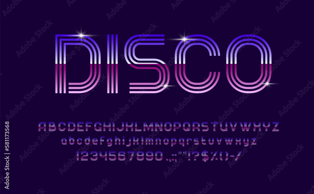 Disco DJ music font, type, typeface modern alphabet, signs and numbers ...