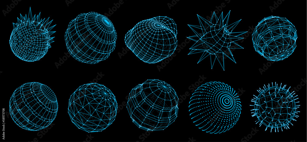 Vecteur Stock 3d futuristic sphere and balls shapes. Cyber space ball ...
