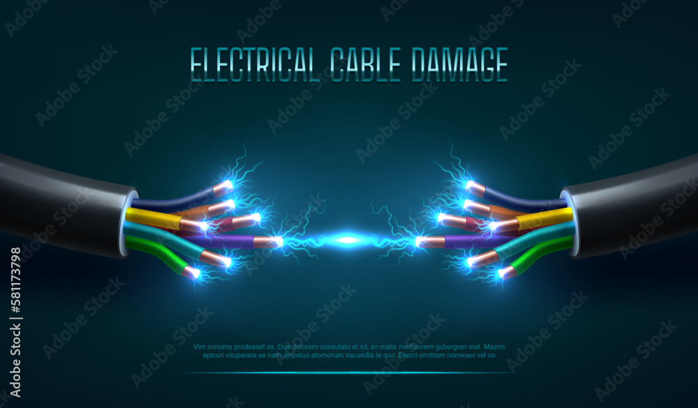 Electrical cable break with electric discharge. Power line damage ...
