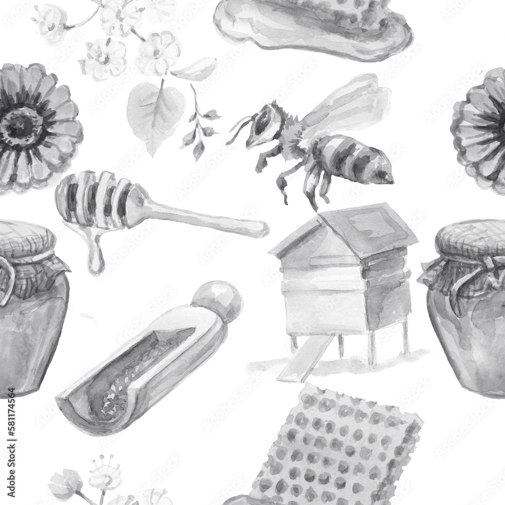 Honey bee honeycomb jar beehive graphic illustration hand drawn set ...