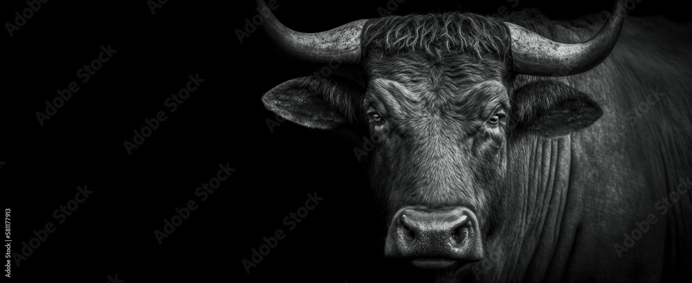 Portrait of black bull on black background with copy space. animal ...