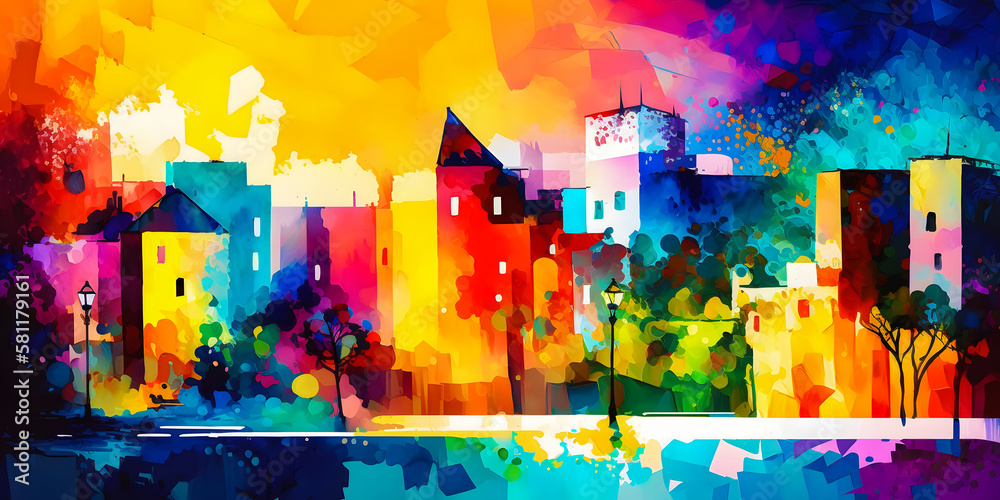 Abstract painting concept. Colorful art of a small city park with ...