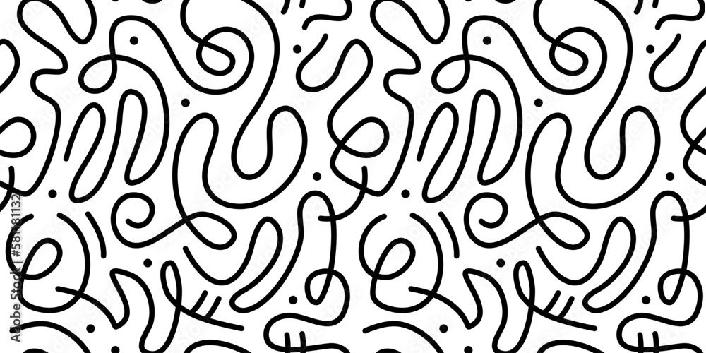 Fun black and white line doodle seamless pattern. Creative abstract squiggle style drawing ...