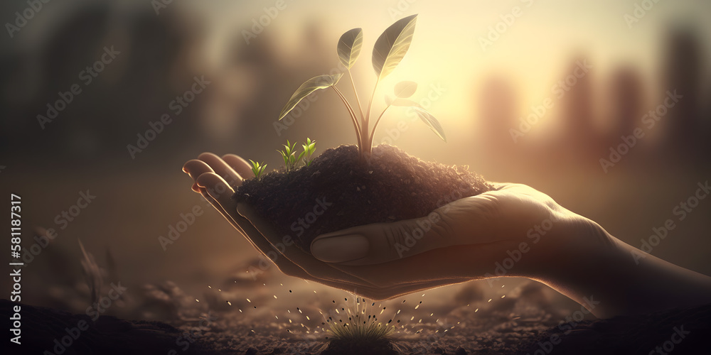 Farmer hands holds young baby wheat plant. Concept farm plantation ...