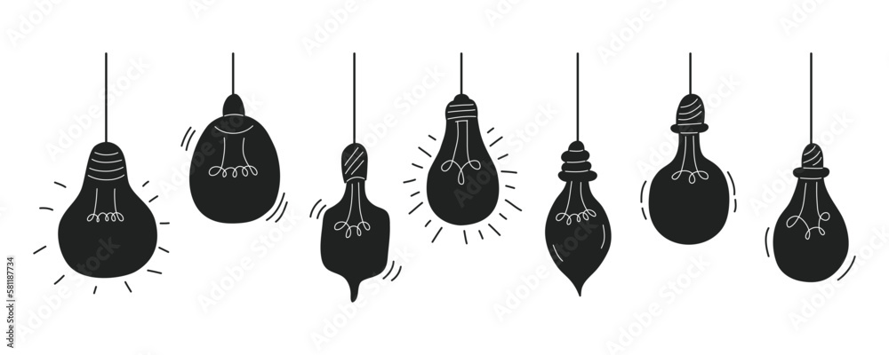 Light bulbs set in doodle black style isolated on white background ...