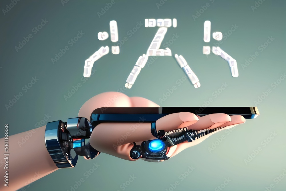 Robotic or cyborg hand holding smart device with floating particles. Ai ...