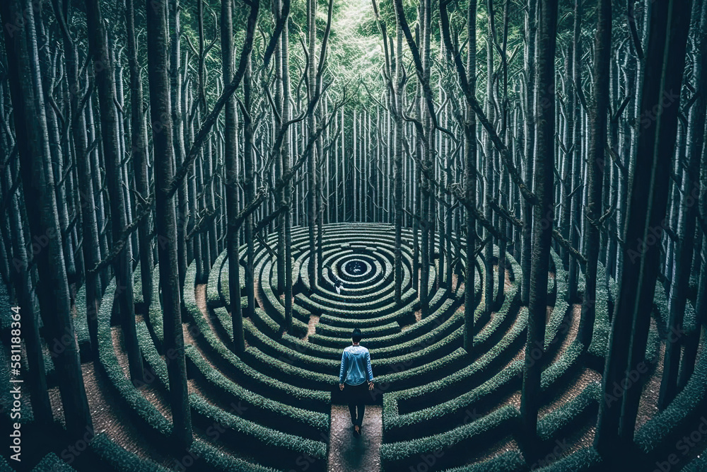 Person is looking for way out of psychedelic maze. A surreal labyrinth ...