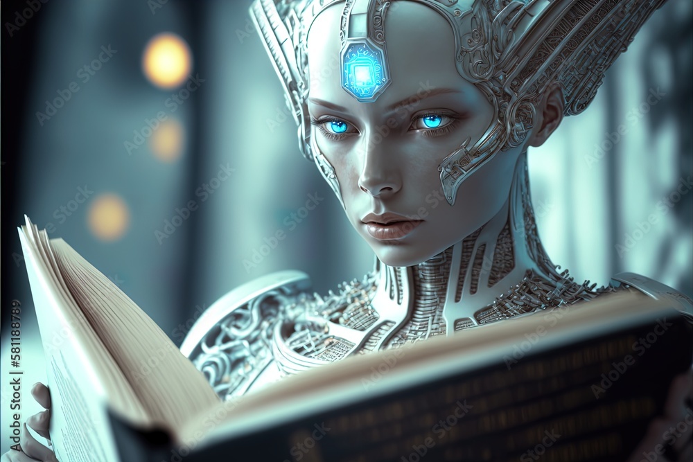 AI Android robot reads a book, Machine learning concept in 8K created with generative ai ...