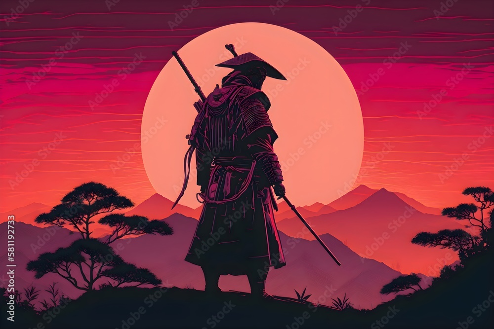 Samurai with a sunset landscape synthwave style | Samurai synthwave ...