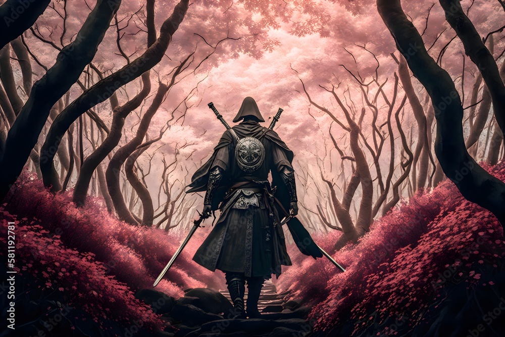 Illustration of a Samurai inside a blossom forest | Samurai ...