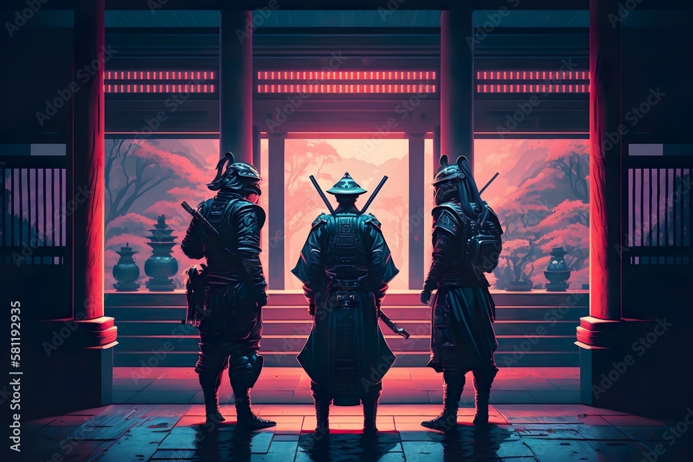 Samurai’s inside a Japanese temple synthwave style | Samurai synthwave ...
