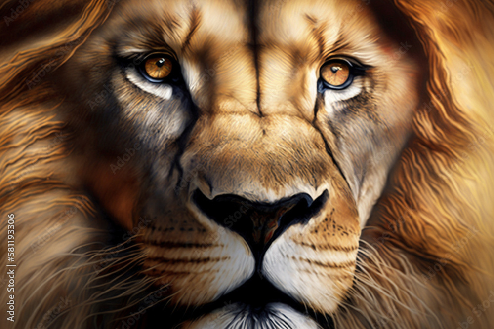 Lion. Color, realistic portrait of a lion's head, close up. Generative ...