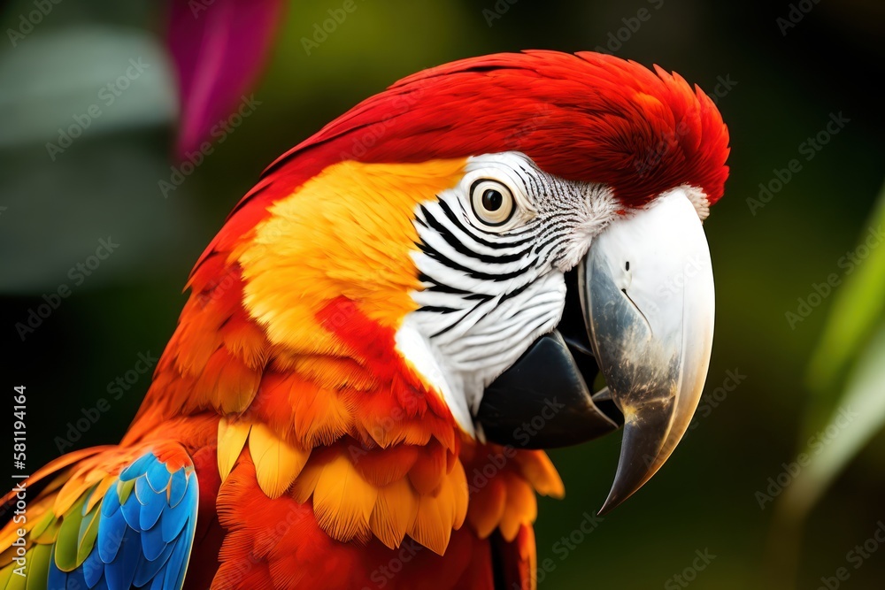 A flock of macaws in the treetops in a tropical rainforest, bright ...