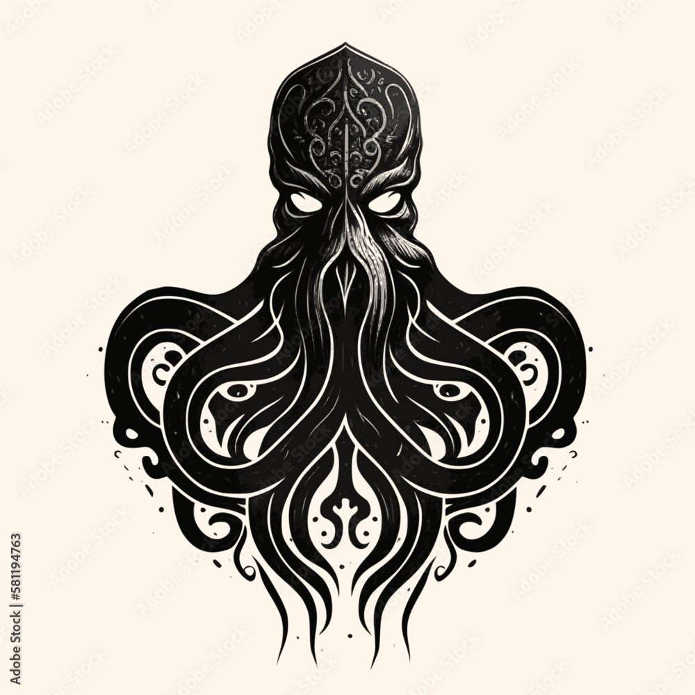 Black and White Kraken,Cthulhu,Octopus Silhouette Ornament Vector Art for Logo and Icon Stock ...