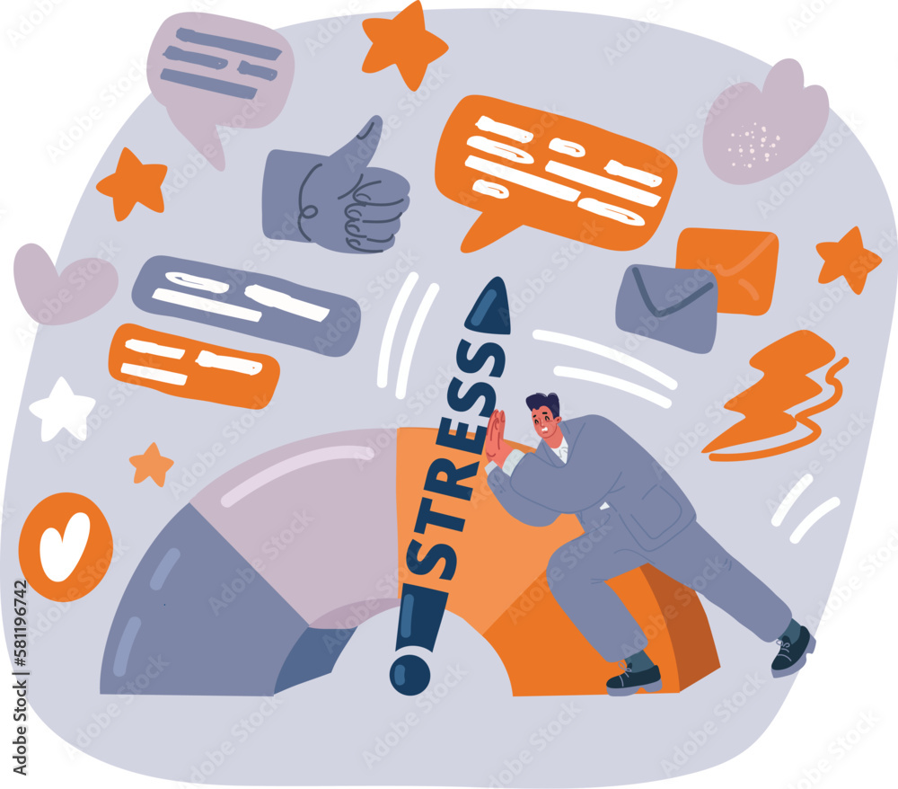 Vector illustration of Stress level, mood scale. Man solves problems and reduces psychological ...